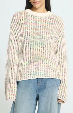 ICHI Ihanila Rib Crewneck Sweater - Cloud Dancer W Multicolor