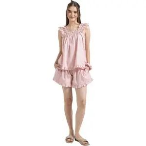 ME AND LIA Stella Lounge Set Striped Cotton Frill Top And Shorts - Pink