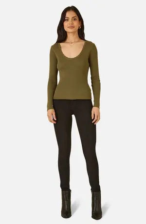 YUMI Metallic Knitted Ribbed Top - Olive Green