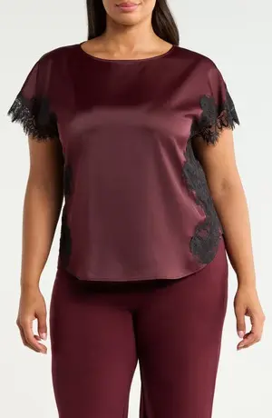 Anne Klein Lace Trim Satin Top - Barolo/black