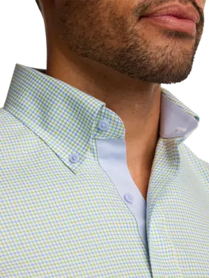 PAUL FREDRICK Cotton Poly Spandex Buttondown Collar Twill Slim Contrast Trim Button Cuff Long Sleeve - Blue/green