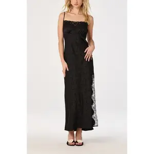 Astr The Label Kristian Lace Trim Floral Jacquard Midi Slipdress - Black