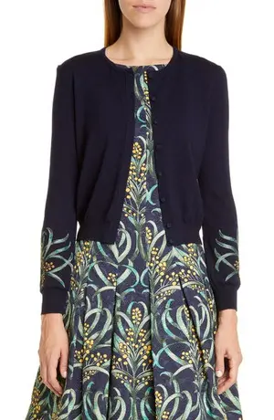 Oscar De La Renta Mimosa Stems Embroidered Wool Cardigan