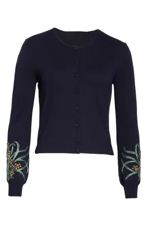 Oscar De La Renta Mimosa Stems Embroidered Wool Cardigan