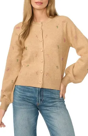 CECE DUPRAZ Bead Embroidered Cardigan With Raglan Sleeves Latte Heather
