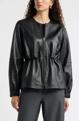 Nordstrom Cinched Waist Leather Jacket - Black