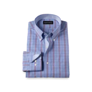 PAUL FREDRICK Cotton Buttondown Collar Poplin Tailored Contrast Trim Button Cuff Long Sleeve Shirt - Blue/red