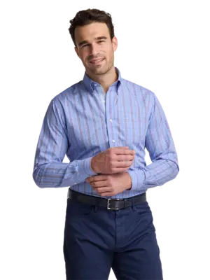 PAUL FREDRICK Cotton Buttondown Collar Poplin Tailored Contrast Trim Button Cuff Long Sleeve Shirt - Blue/red
