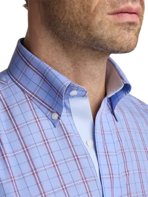 PAUL FREDRICK Cotton Buttondown Collar Poplin Tailored Contrast Trim Button Cuff Long Sleeve Shirt - Blue/red