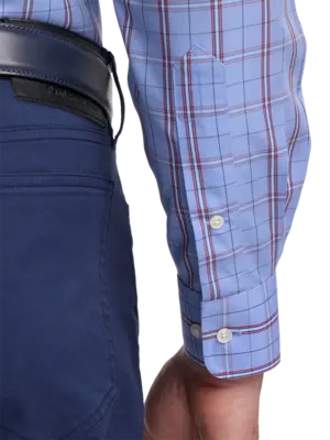PAUL FREDRICK Cotton Buttondown Collar Poplin Tailored Contrast Trim Button Cuff Long Sleeve Shirt - Blue/red