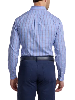 PAUL FREDRICK Cotton Buttondown Collar Poplin Tailored Contrast Trim Button Cuff Long Sleeve Shirt - Blue/red