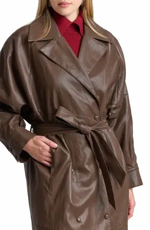 Avec Les Filles Shoulder Pad Faux Leather Long Coat - Haricot