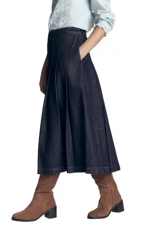 Boden Aya Pleated Denim Midi Skirt - Indigo