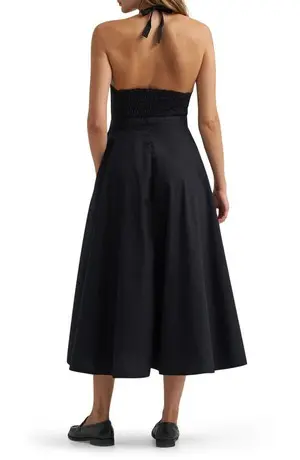 LEEM Button Front Cotton Halter Midi Dress