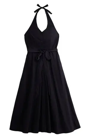 LEEM Button Front Cotton Halter Midi Dress