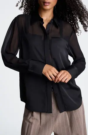 KENNETH COLE Sheer Panel Long Sleeve Shirt - Black