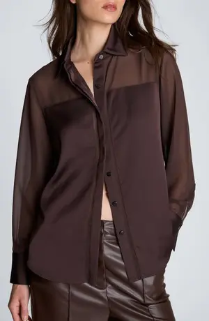 KENNETH COLE Sheer Panel Long Sleeve Shirt - Medium Bark