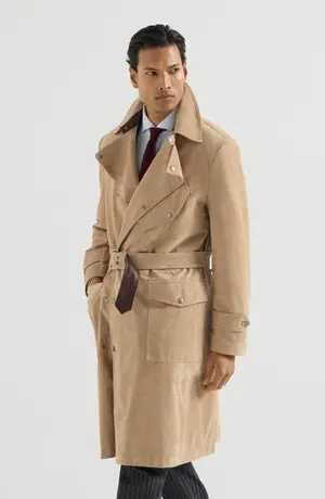 Brunello Cucinelli Suede Motorcyle Trench With Nappa Leather Inserts