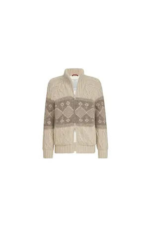 Brunello Cucinelli Virgin Wool, Silk, And Cashmere Chiné Cable Knit Down Jacket