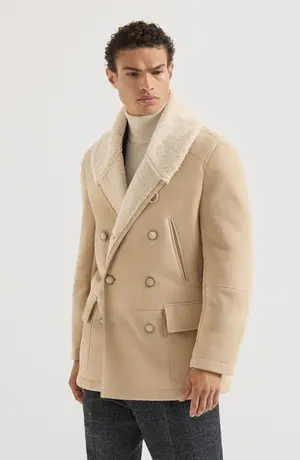 Brunello Cucinelli Suede Curly Shearling Pea Coat With Shawl Collar - Sand