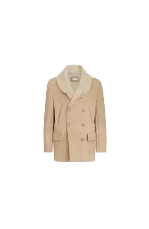 Brunello Cucinelli Suede Curly Shearling Pea Coat With Shawl Collar
