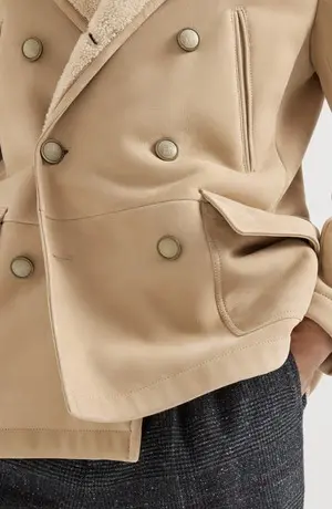 Brunello Cucinelli Suede Curly Shearling Pea Coat With Shawl Collar