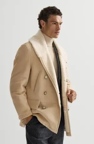 Brunello Cucinelli Suede Curly Shearling Pea Coat With Shawl Collar