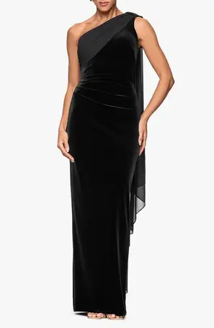 XSCAPE EVENINGS One-shoulder Stretch Velvet Gown With Chiffon Sash