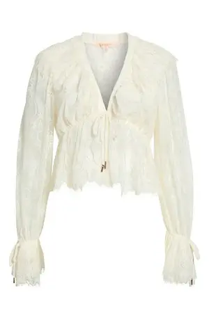 KITTENISH Long Sleeve Crop Lace Top - Egret