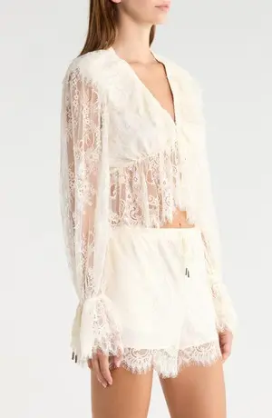 KITTENISH Long Sleeve Crop Lace Top - Egret