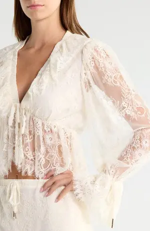 KITTENISH Long Sleeve Crop Lace Top - Egret