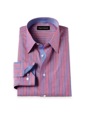 PAUL FREDRICK Cotton Point Collar Poplin Slim Contrast Trim Button Cuff Long Sleeve - Blue/red