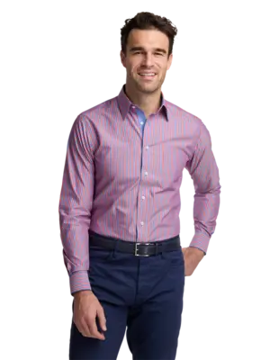 PAUL FREDRICK Cotton Point Collar Poplin Slim Contrast Trim Button Cuff Long Sleeve - Blue/red