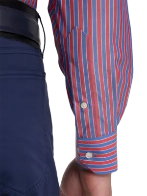 PAUL FREDRICK Cotton Point Collar Poplin Slim Contrast Trim Button Cuff Long Sleeve - Blue/red