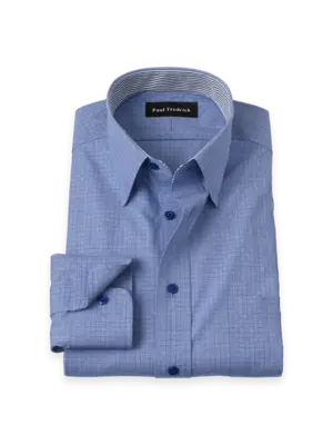 PAUL FREDRICK Cotton Buttondown Collar Broadcloth Classic Contrast Trim Button Cuff Long Sleeve Shirt - Medium Blue