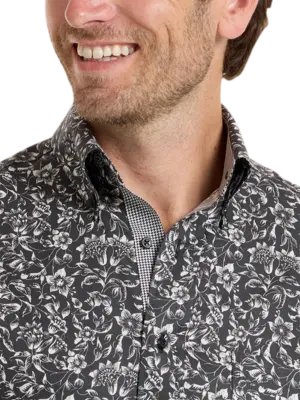 PAUL FREDRICK Cotton Buttondown Collar Pinpoint Classic Contrast Trim Button Cuff Long Sleeve - Black