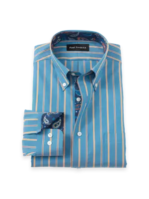 PAUL FREDRICK Cotton Buttondown Collar Pinpoint Classic Contrast Trim Button Cuff Long Sleeve - Blue/rust