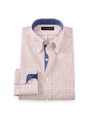 PAUL FREDRICK Cotton Buttondown Collar Pinpoint Classic Contrast Trim Button Cuff Long Sleeve - White/orange