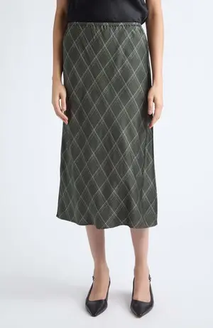 Vince Diamond Plaid Satin Skirt - Dark Moss/sage