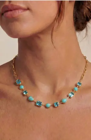 Stella & Dot Naomie Paperclip Tennis Necklace With Turquoise Accents