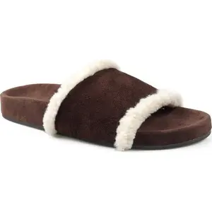 ZIGI Tawney Faux Fur Trim Slide Sandals - Brown Suede