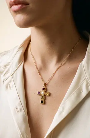 Argento Vivo Jewel Imitation Pearl Cross Necklace
