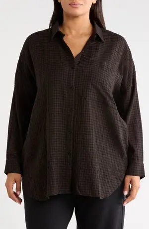 Eileen Fisher Classic Collar Long Shirt In Checked Blend - Coffee