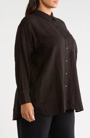 Eileen Fisher Classic Collar Long Shirt In Checked Blend - Coffee