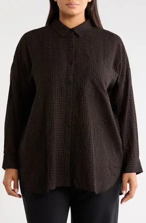 Eileen Fisher Classic Collar Long Shirt In Checked Blend - Coffee