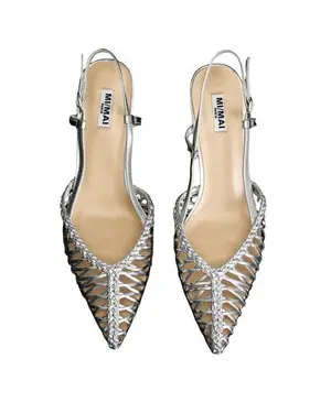 MI/MAI Tessa Woven Pointed Slingback Sandals Silver