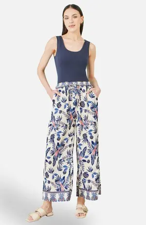 YUMI Bird Print Viscose Wide Leg Trousers - Blue