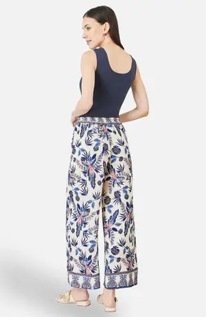 YUMI Bird Print Viscose Wide Leg Trousers - Blue