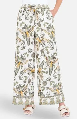 YUMI Bird Print Viscose Wide Leg Trousers Green