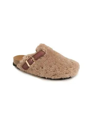 CELTIC & CO. Shearling Wool Teddy Clogs With Leather Strap - Beige